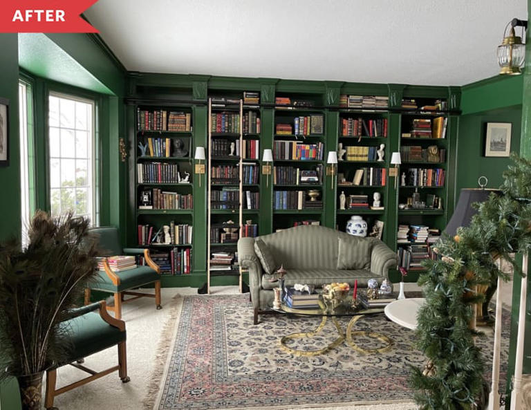 A blank, beige box living room transformed into a dream luxe library