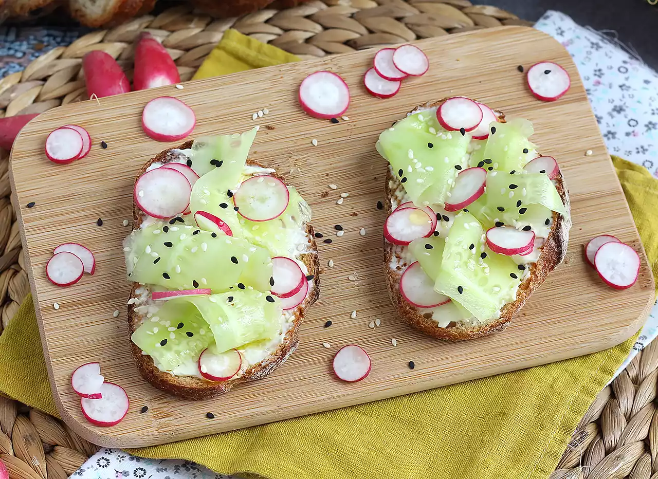 Cream cheese, cucumber, and radish toasts