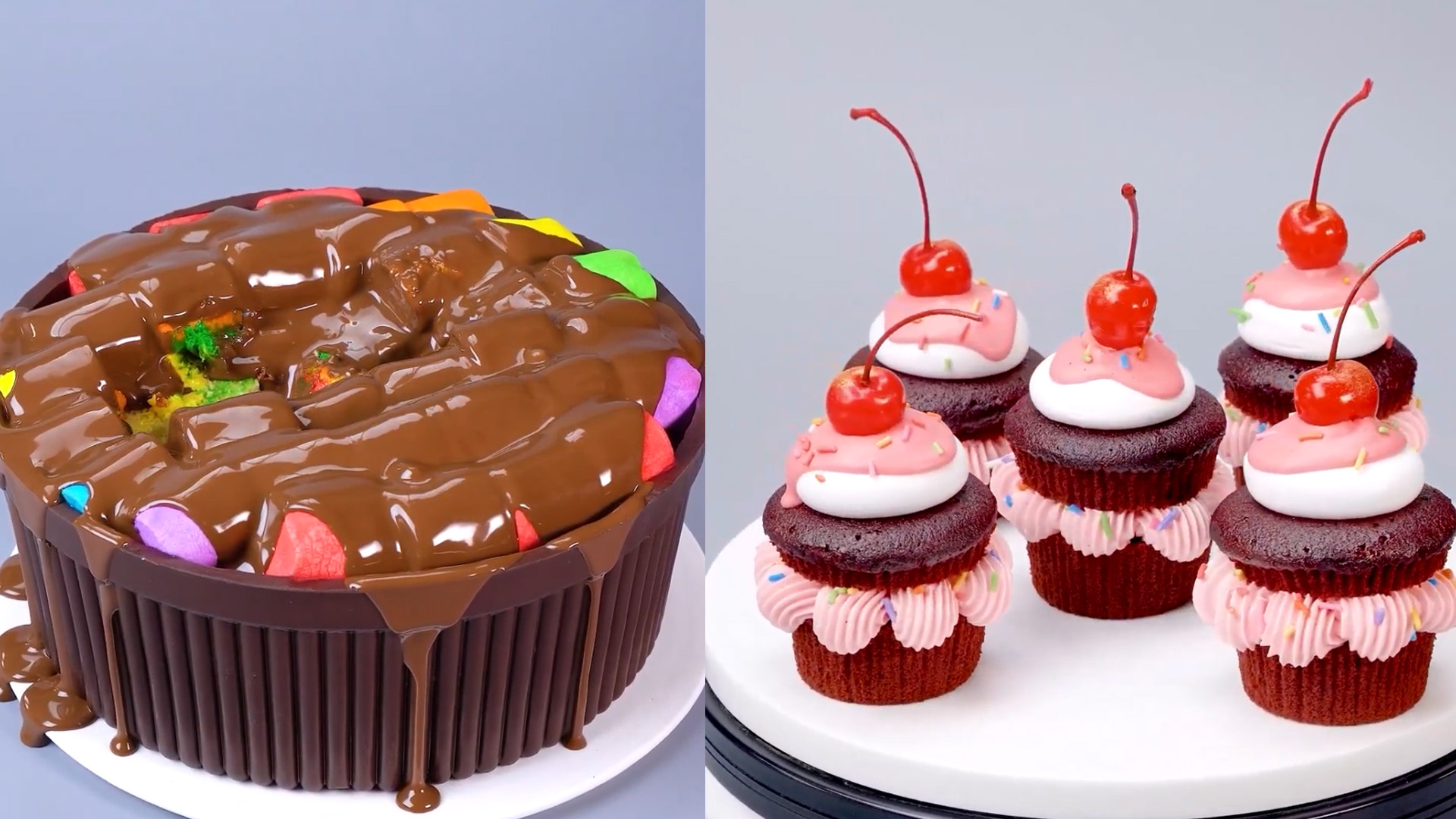 Chocolate drip cake and cherry cupcakes
