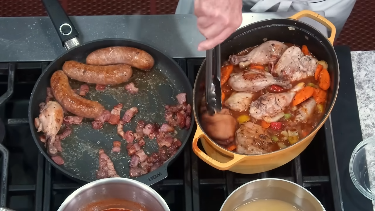 Quick and easy rustic chicken and sausage stew with tender beans