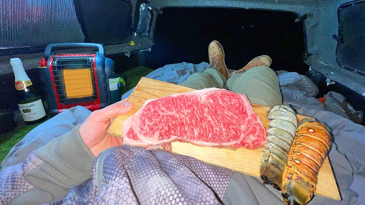 Cooking a gourmet dinner out of my truck (camping meal)