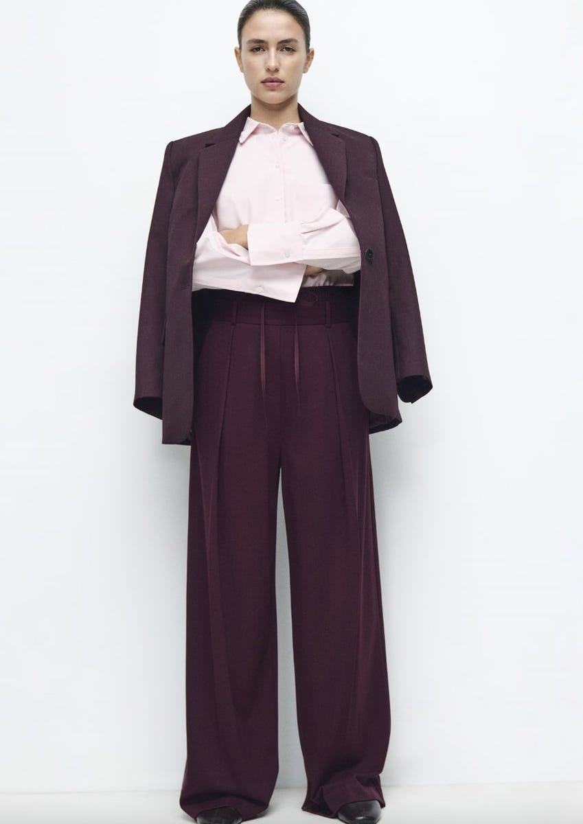 Mango's 2-in-1 burgundy trousers feature the trending waistband detail ...