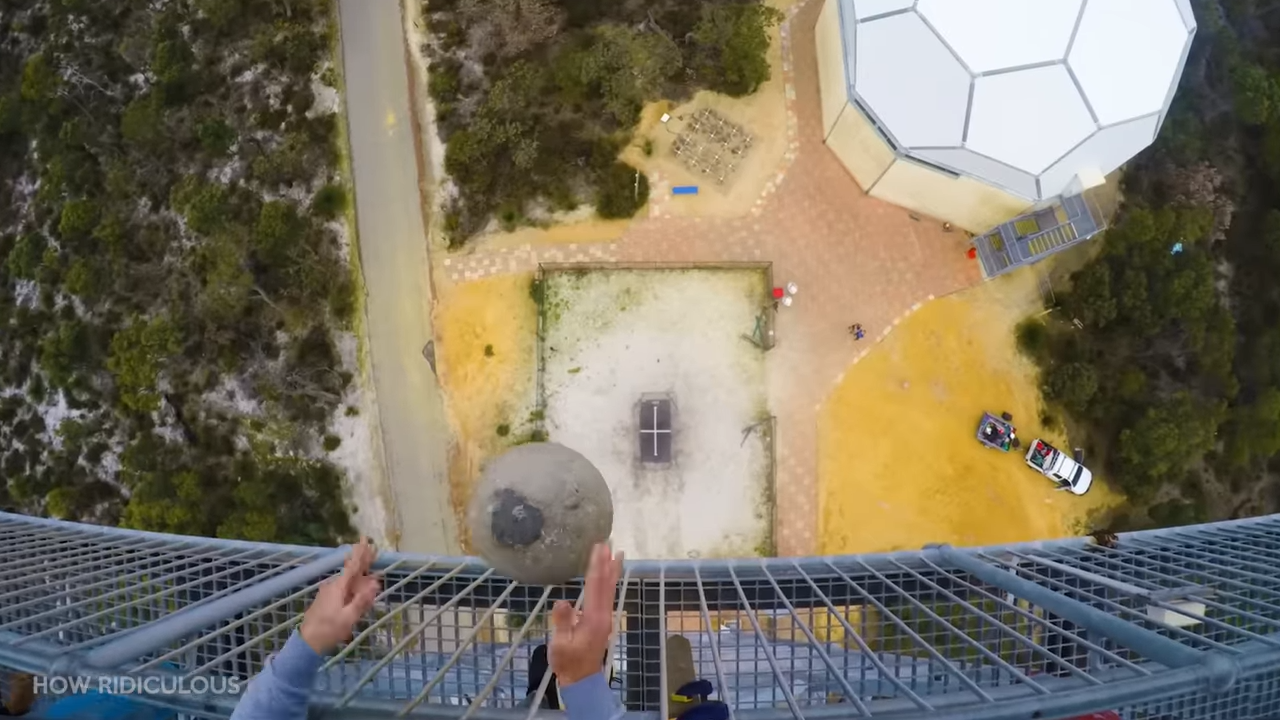 What happens when an atlas stone hits a trampoline from 45M