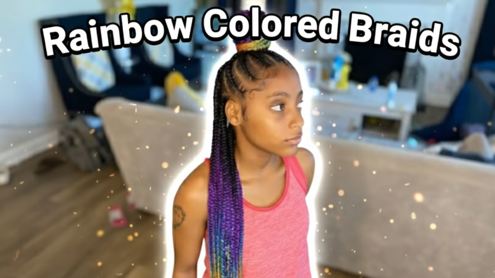 Rainbow colored braids – half knotless, half feed-in style