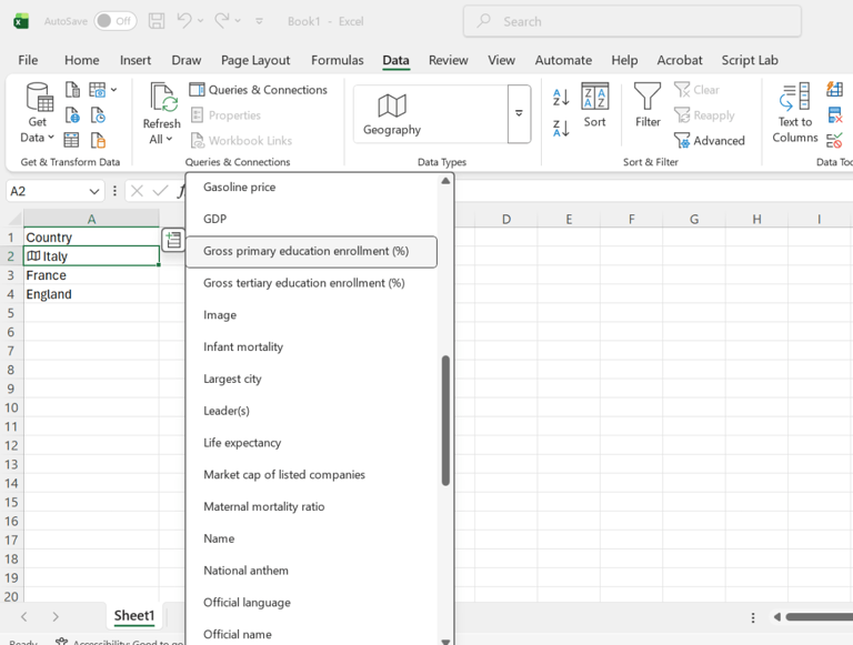 Use Microsoft Excel data types to save unnecessary typing