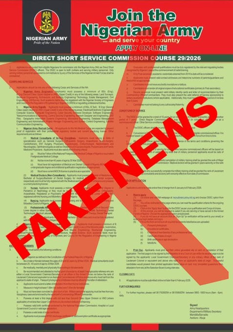 Army disowns fake recruitment advertisement