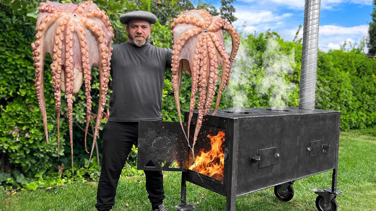 How an entire octopus is prepared and cooked over open fire