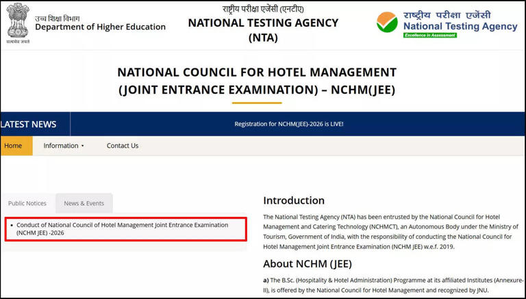 NCHM JEE 2026 notification released by NTA, applications open today at ...