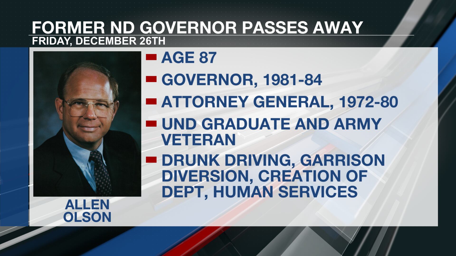 Former governor Allan Olson dies at age 87