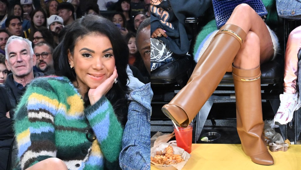 Eniko Hart styles bold foldover knee-high boots to Lakers game