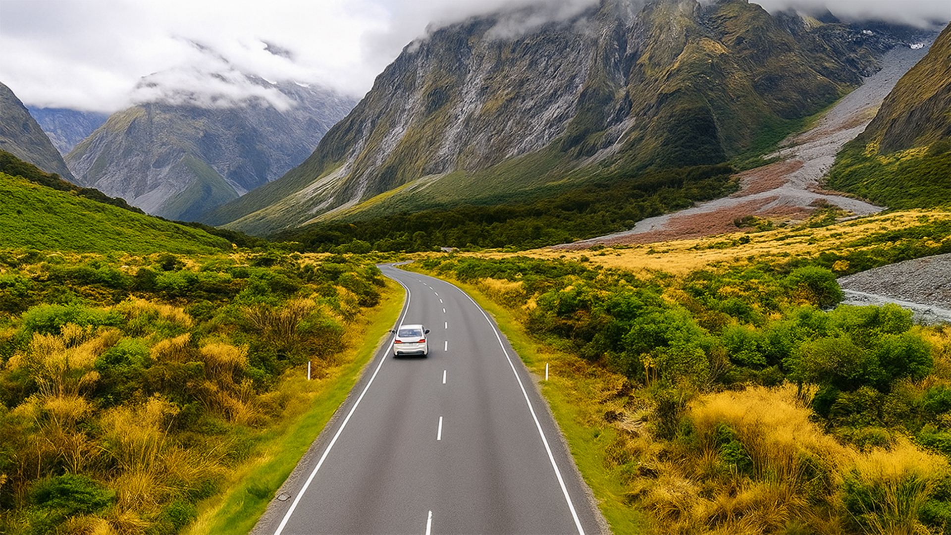 Aerial views of Milford Road New Zealand