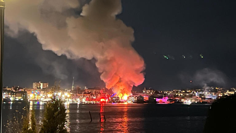 Large fire burning at Custom House Wharf in Portland