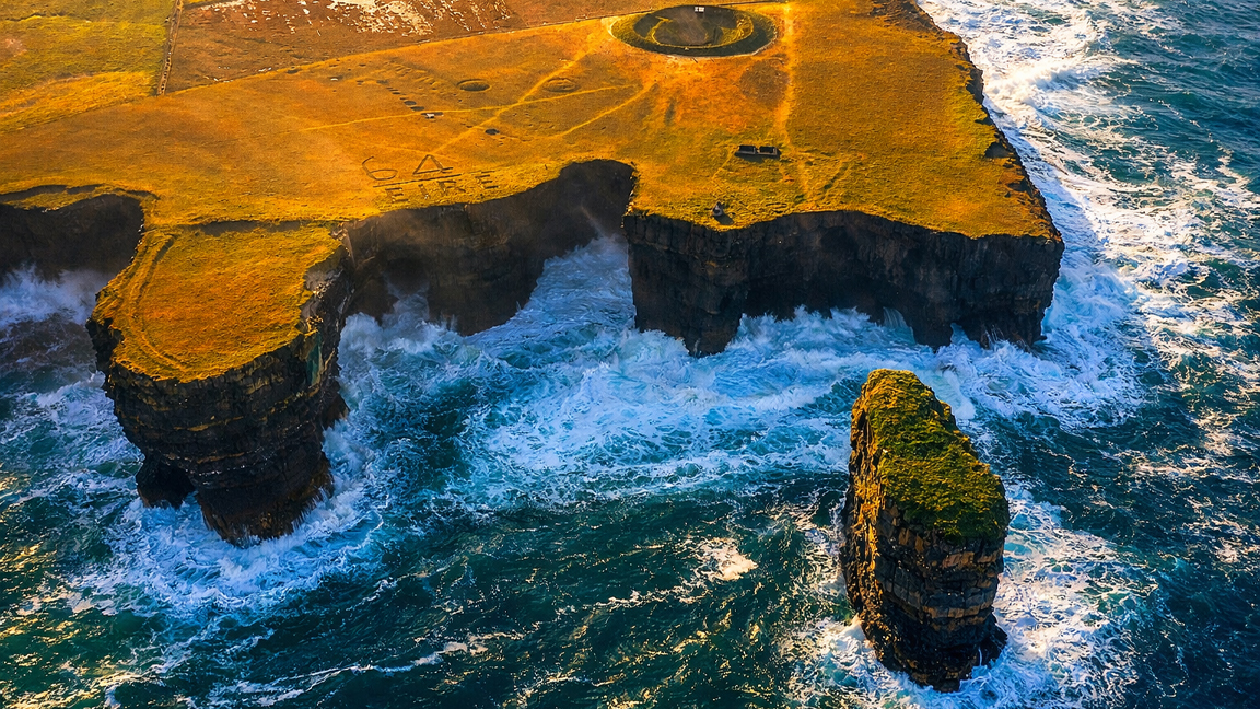 Golden cliffs above powerful ocean waves