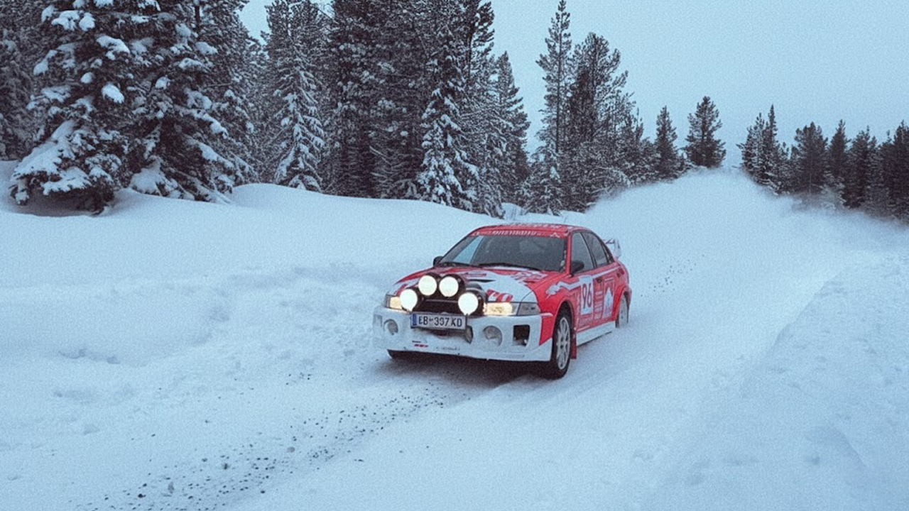 Evo driving fast on snowy backroads