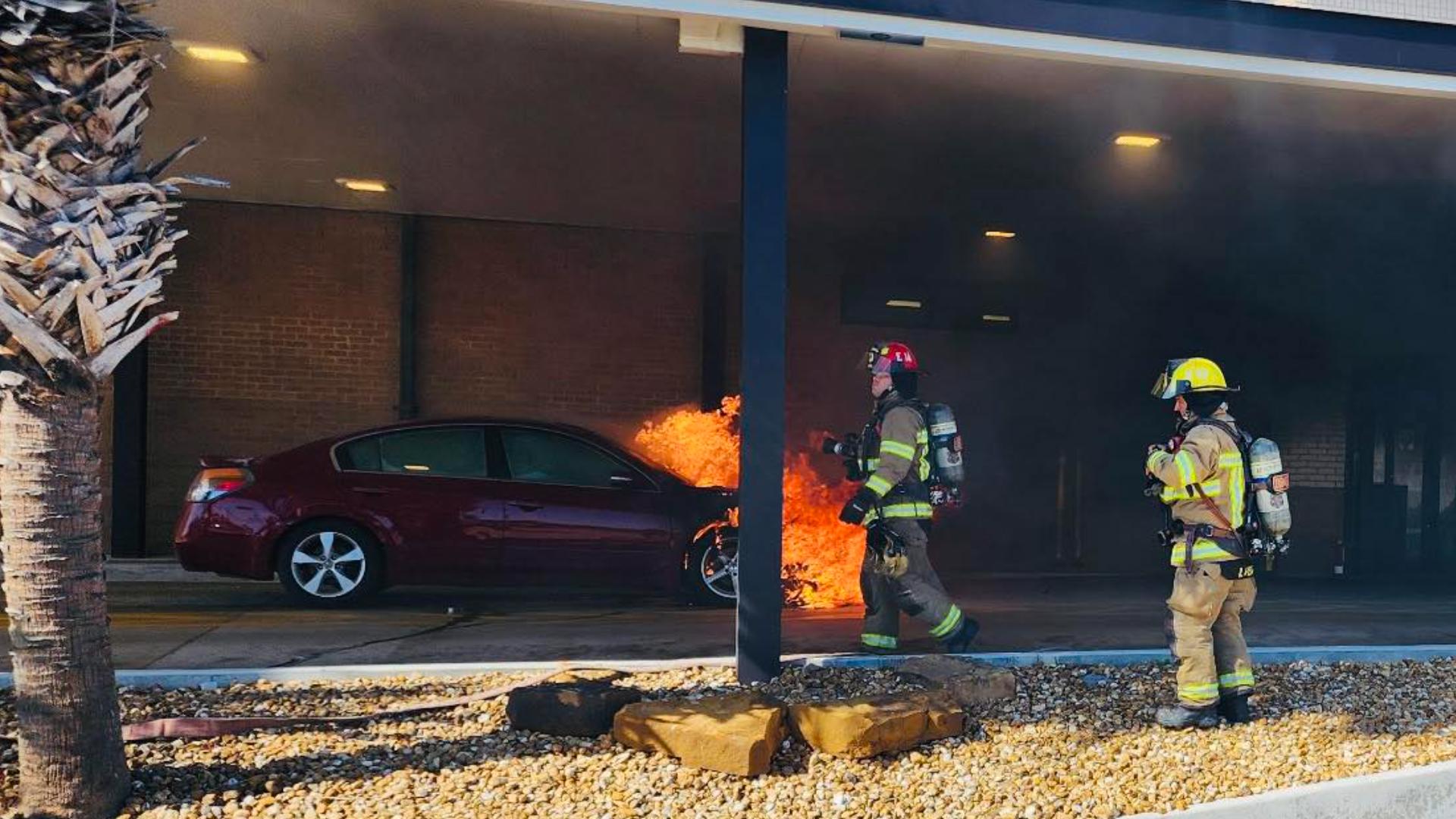 Nueces County firefighters battle car blaze at Chick-fil-A
