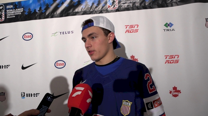NHL draft prospect Chase Reid reacts to scoring in his World Juniors debut