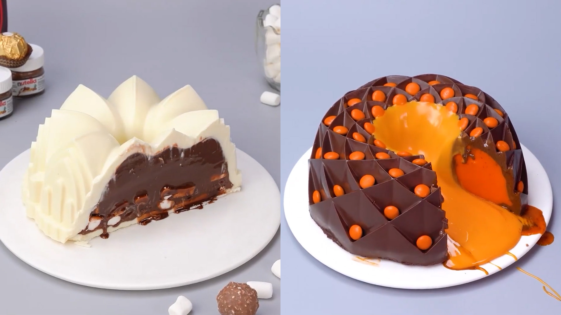 Two chocolate cakes with hidden centers