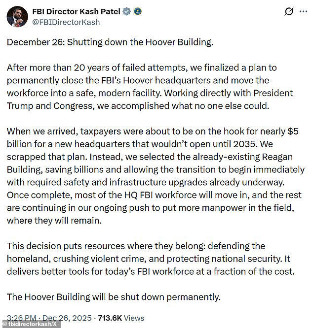 FBI Director Kash Patel announces closure of J Edgar Hoover building ...