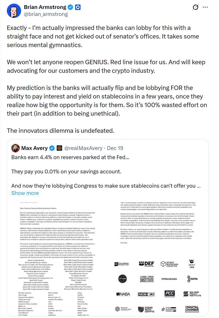 Coinbase CEO says reopening GENIUS Act is 'red line,' slams bank lobbying