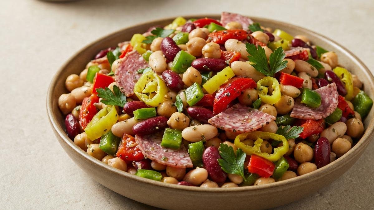 Grinder bean salad with salami and peppers