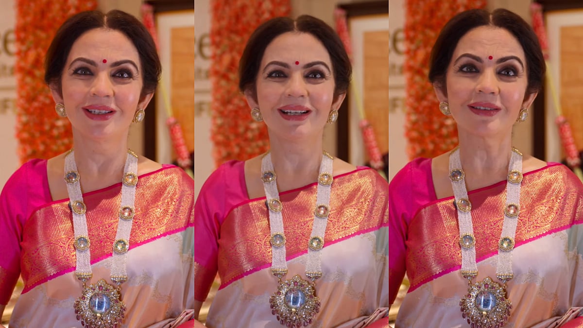 Nita Ambani dons Lord Shrinathji pearl necklace with ivory silk saree ...