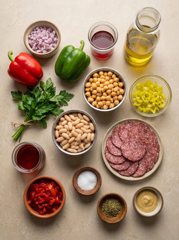 Grinder bean salad with salami and peppers