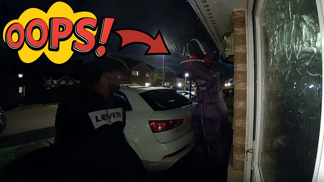 Just Eat driver loses it when a dinosaur jumps out of nowhere at the ...