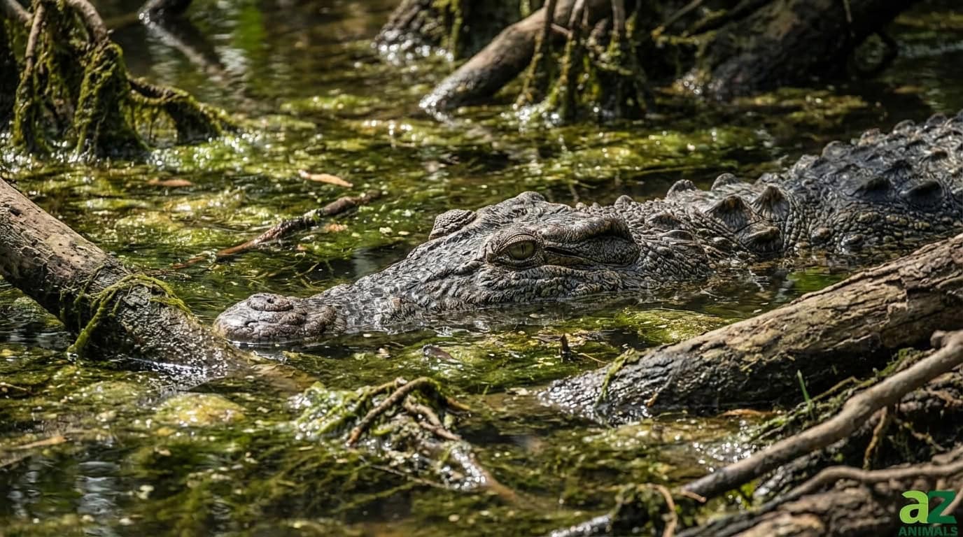The saltwater crocodile’s stealth camouflage and ambush tactics