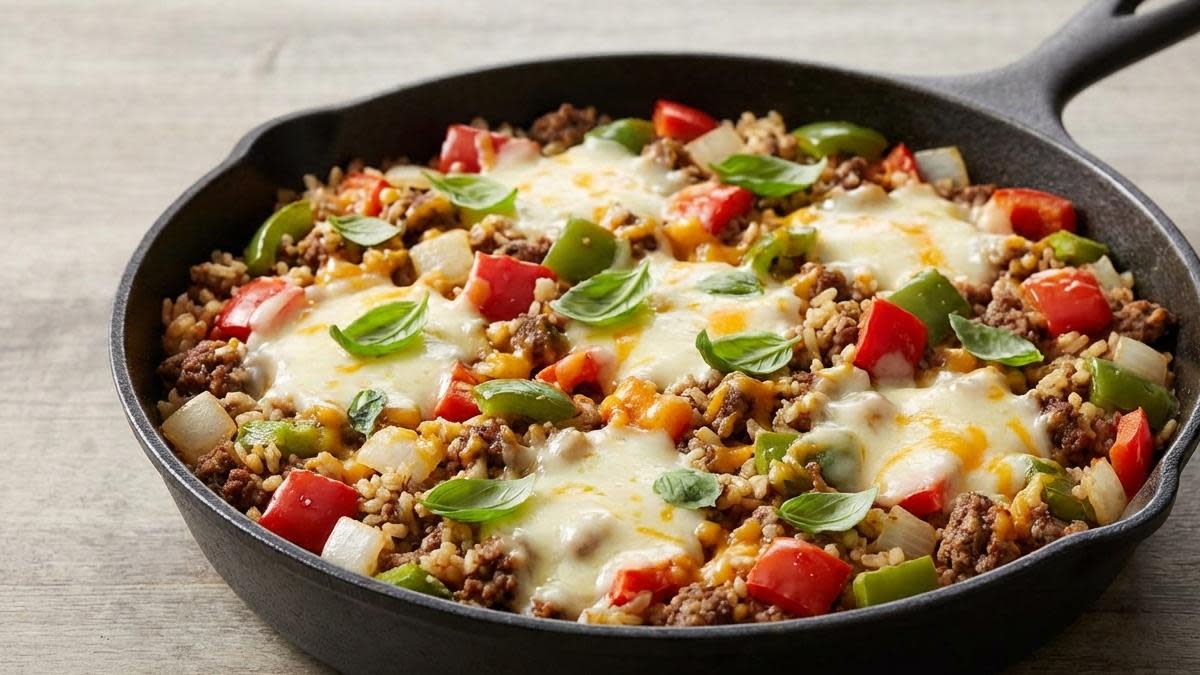 Stuffed pepper skillet with beef, brown rice, and cheese
