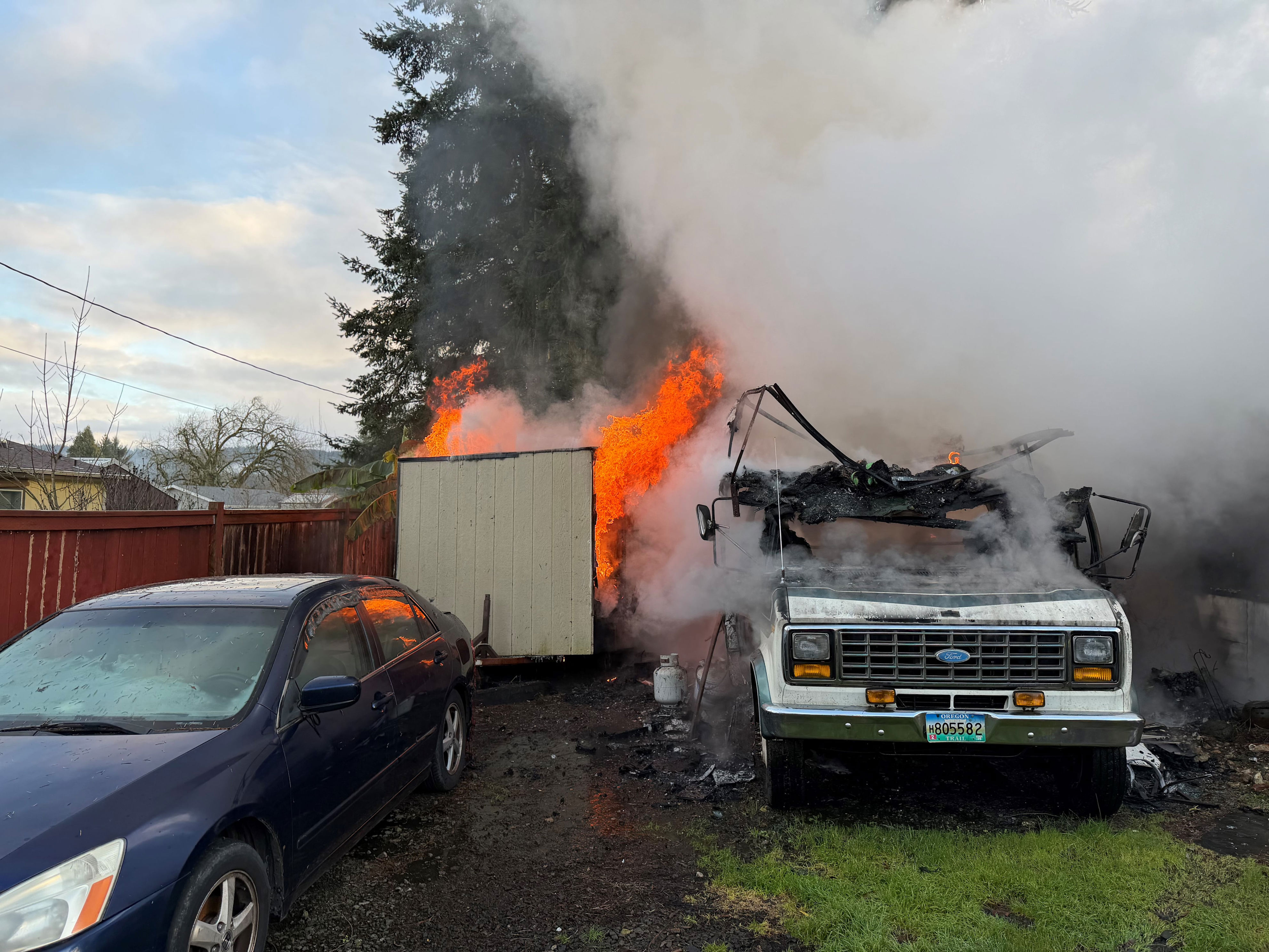 Person hospitalized with burns, dog dies in RV fire near Forest Grove