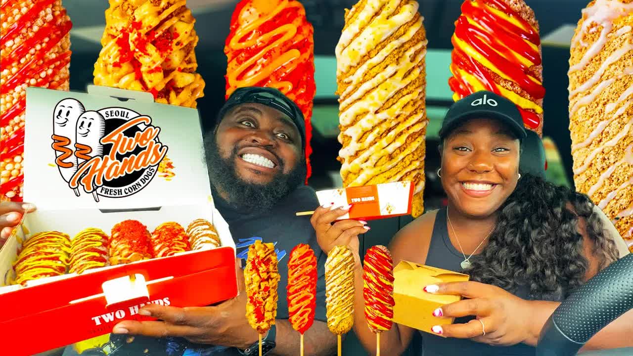 Trying every Two Hands Korean corn dog for the first time!