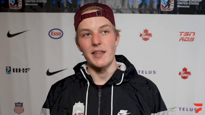 Latvia goaltender Nils Mauriņš discusses strong opening game against Canada