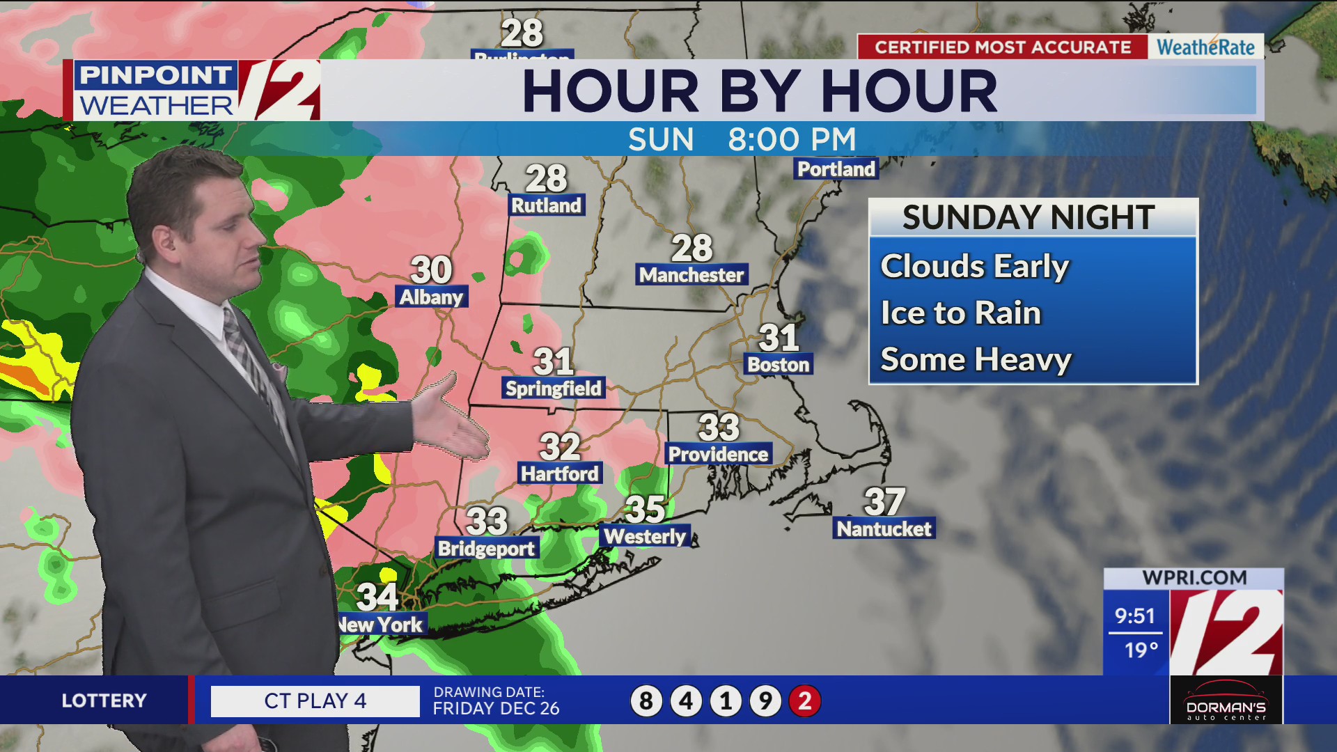 WPRI 12 weather forecast 12/27/25: Tracking an icy mix to rain Sunday night