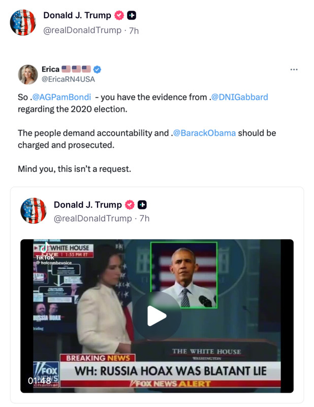 Trump shared call to prosecute Obama in Christmas post
