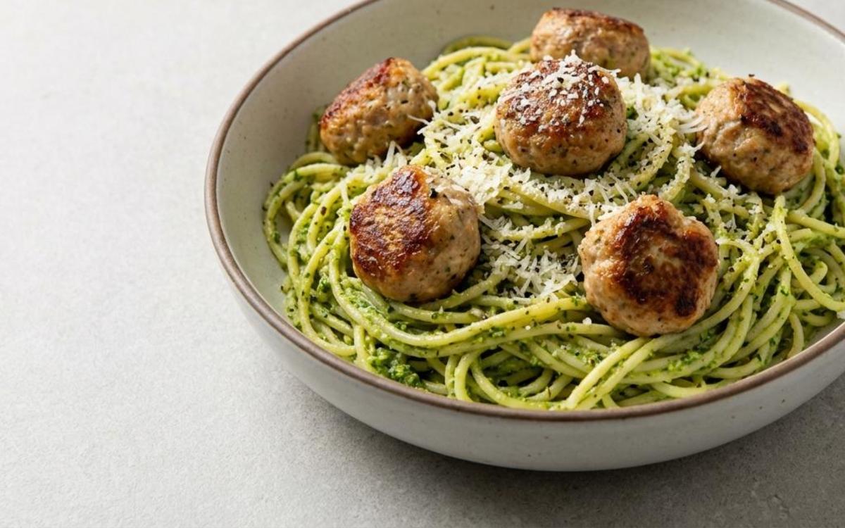 Baked chicken meatballs with broccoli pesto pasta