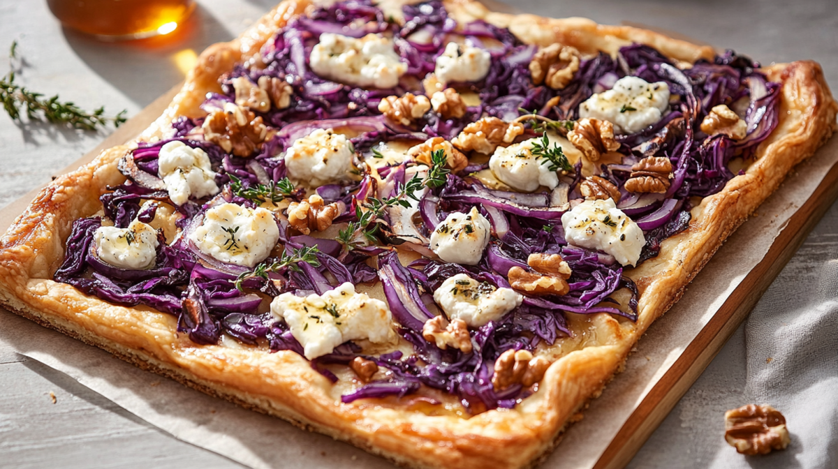 Red cabbage and goat cheese tarte flambée: Warm winter magic