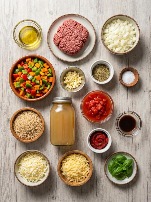 Stuffed pepper skillet with beef, brown rice, and cheese