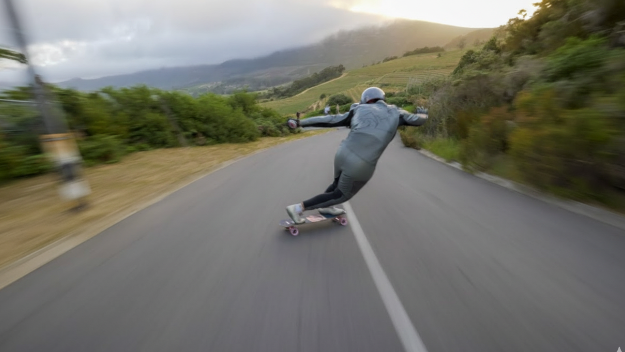 Snelle skateboard afdaling in woonwijk