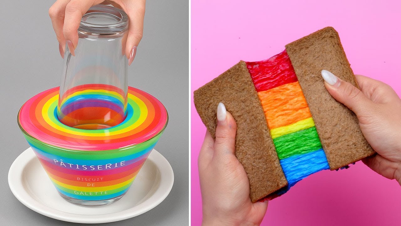Rainbow dessert cup and colorful filled sandwich