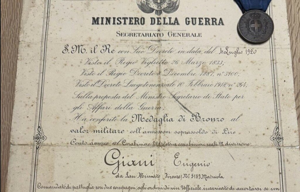 Giani ritrova la medaglia di bronzo al valor militare del nonno omonimo