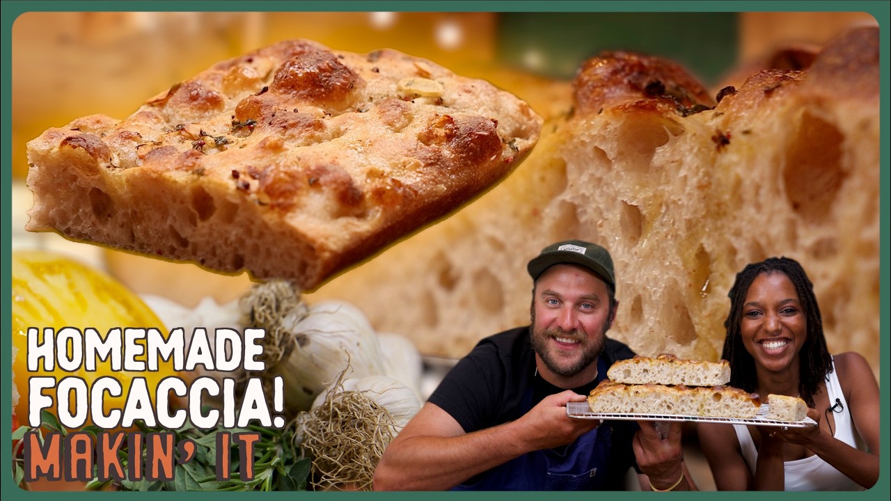 Bake soft homemade garlic focaccia with fresh garden herbs