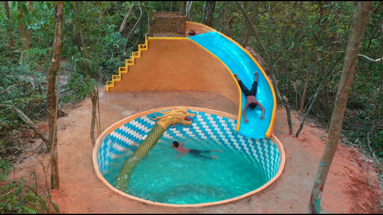 41-day build - water slide to tunnel underground dragon swimming pool