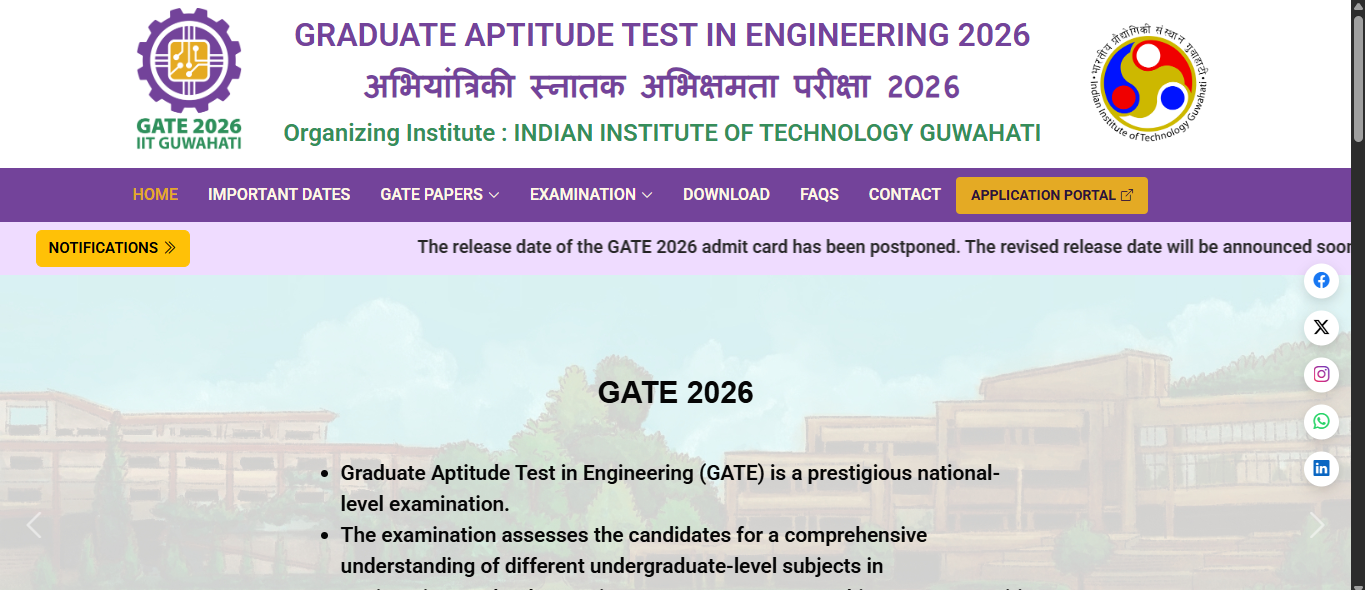 GATE 2026 schedule out at gate2026.iitg.ac.in: Check subject-wise dates ...