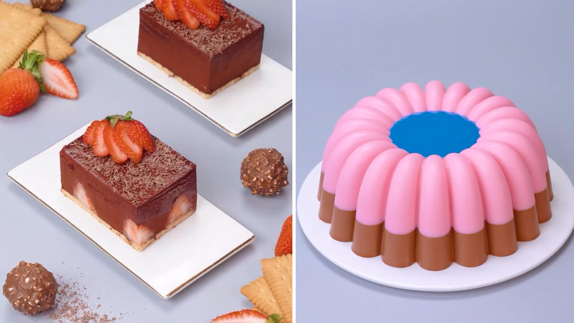 Chocolate strawberry dessert slices and pink ring cake