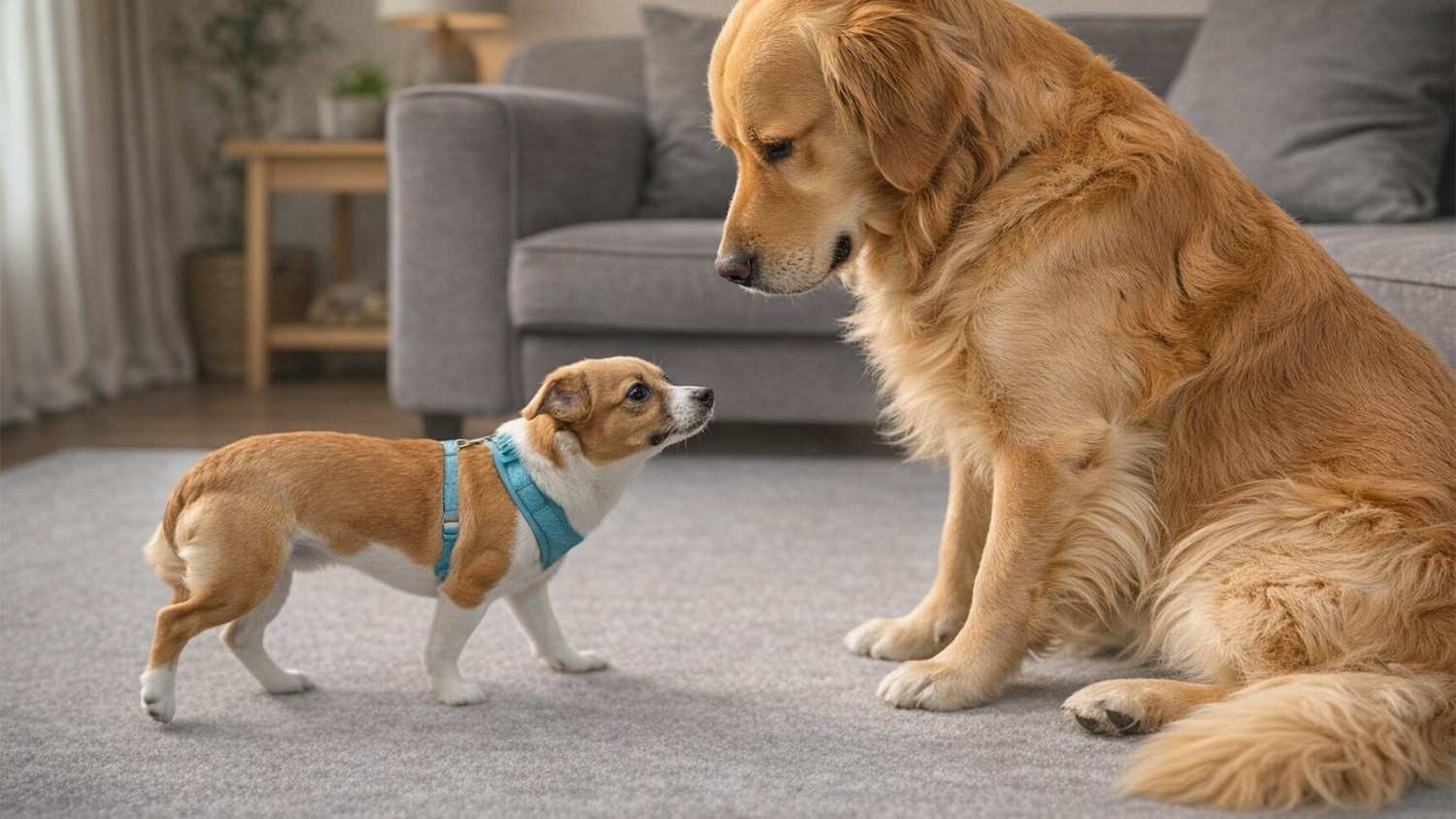Golden retriever calms a scared rescue puppy