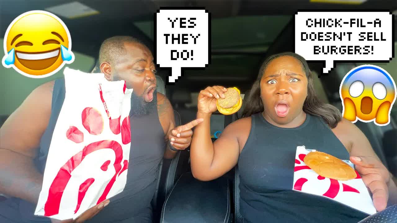 Giving my wife a burger from Chick-fil-A to get her reaction hilarious