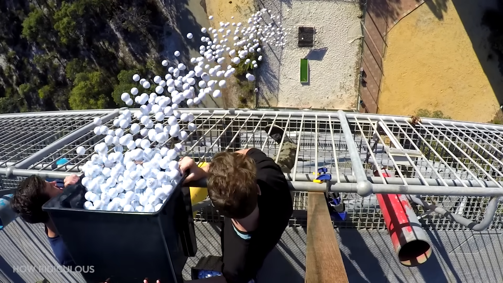 What happens when 1,700 golf balls hit a trampoline from 148 feet