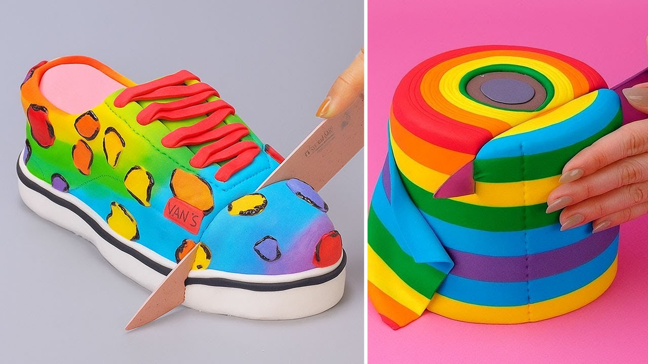 Rainbow shoe cake and layered color roll cake
