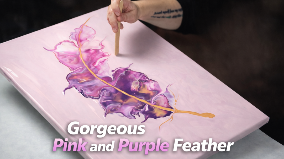 Gorgeous pink and purple feather acrylic pour painting