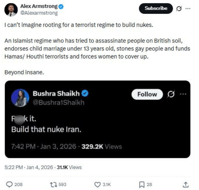 Alex Armstrong outraged as ex-BBC star calls for Iran to 'build nuke ...
